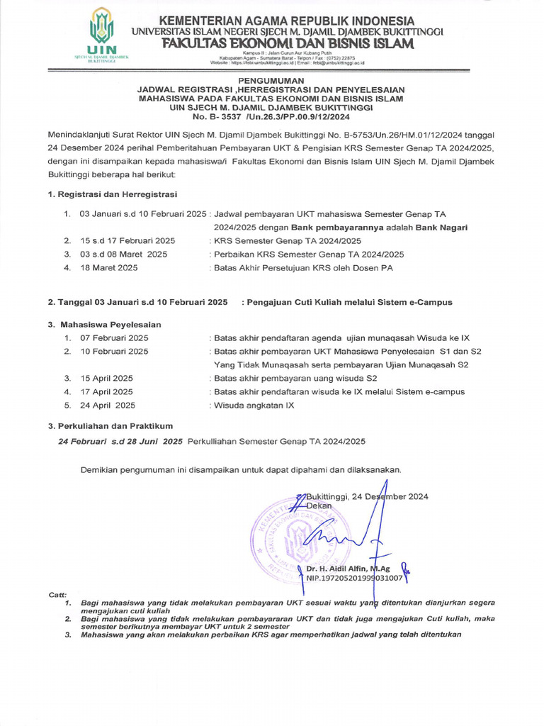 Pengumuman Jadwal Registrasi, Herregistrasi Dan Penyelesaian Mahasiswa SMT Genap TA 2024-2025 ...