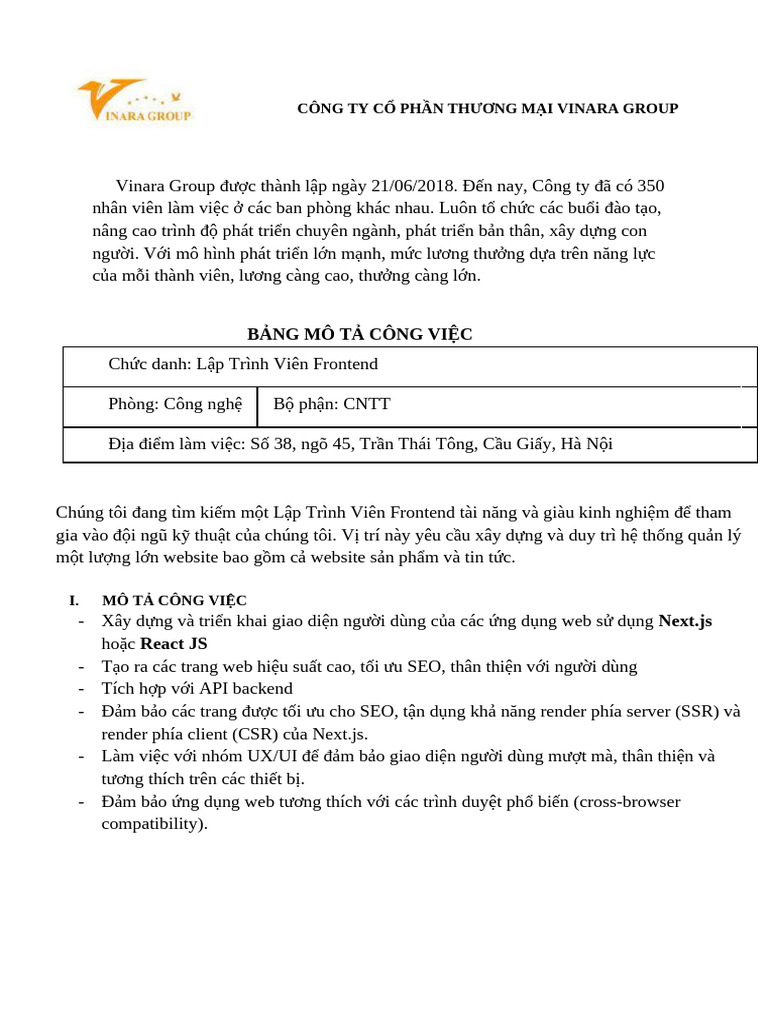 JD Lập Trình Viên Frontend 1 | PDF