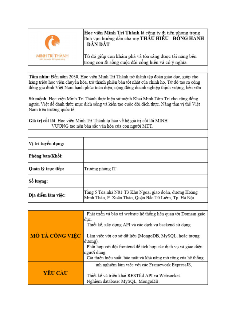 JD It - Nhân Viên Web Developer (Node JS) | PDF