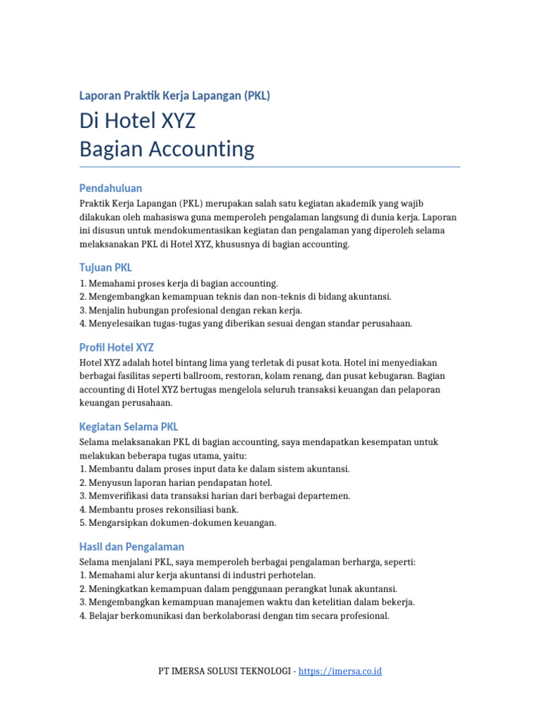 Contoh Laporan PKL Di Hotel Bagian Accounting | PDF