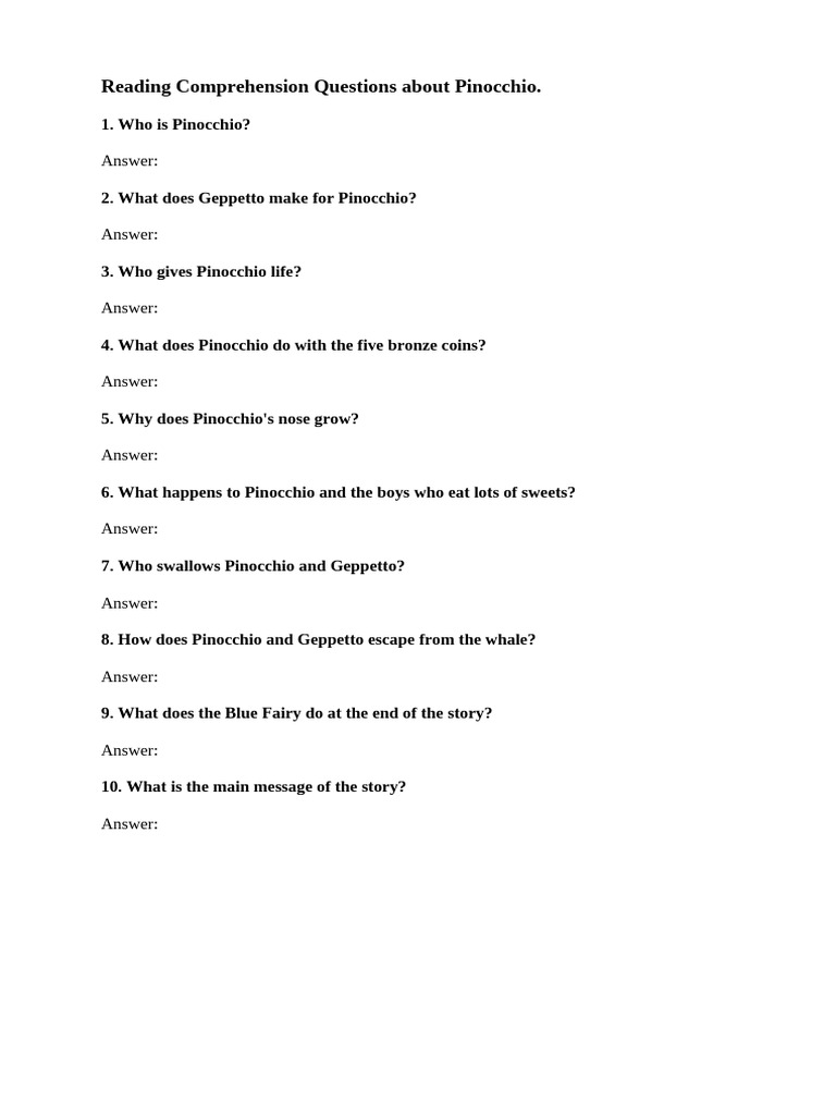 Pinocchio Comprehension Questions | PDF
