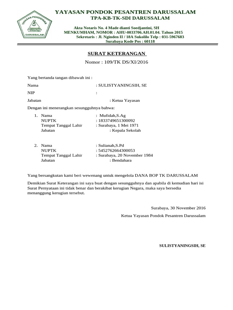 Surat Keterangan Yayasan TK | PDF