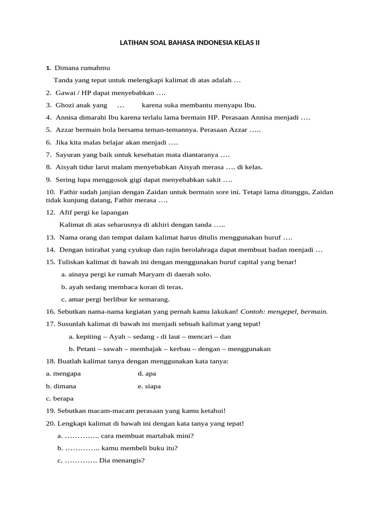 Latihan Soal Bahasa Indonesia Kelas Ii | PDF