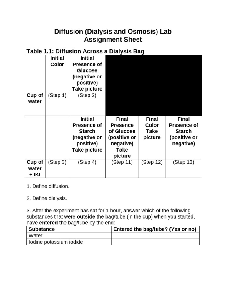 Diffusion Dialysis and Osmosis Assignment Sheet | PDF | Starch | Water