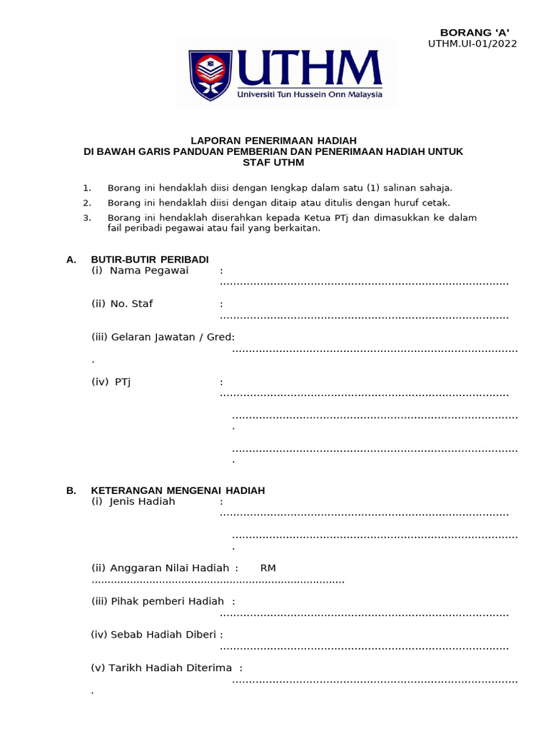 Borang A Laporan Penerimaan Hadiah | PDF