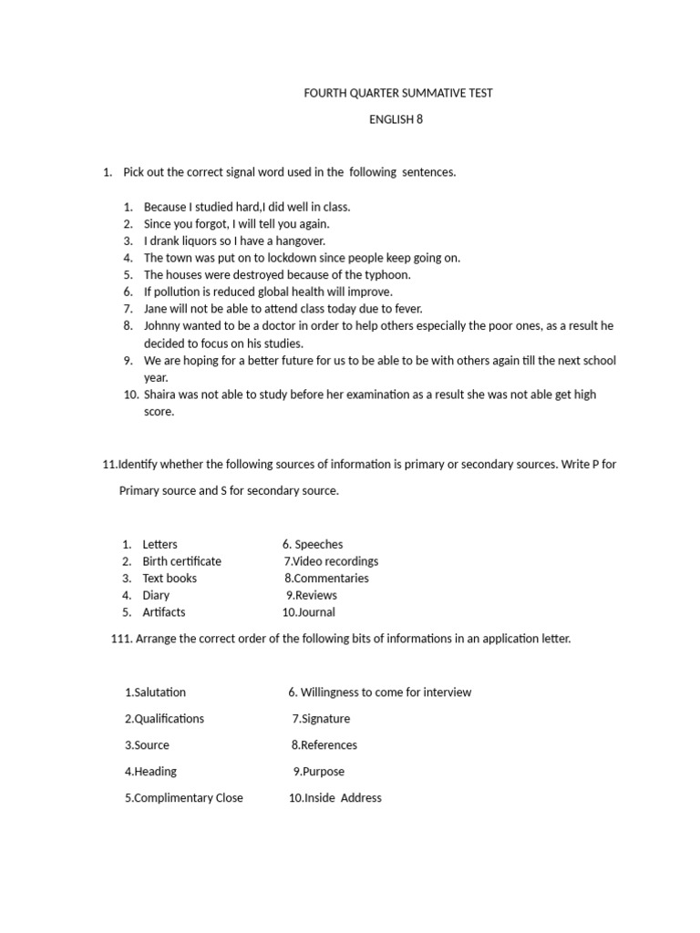 FOURTH QUARTER SUMMATIVE TEST | PDF FOURTH QUARTER SUMMATIVE TEST | PDF