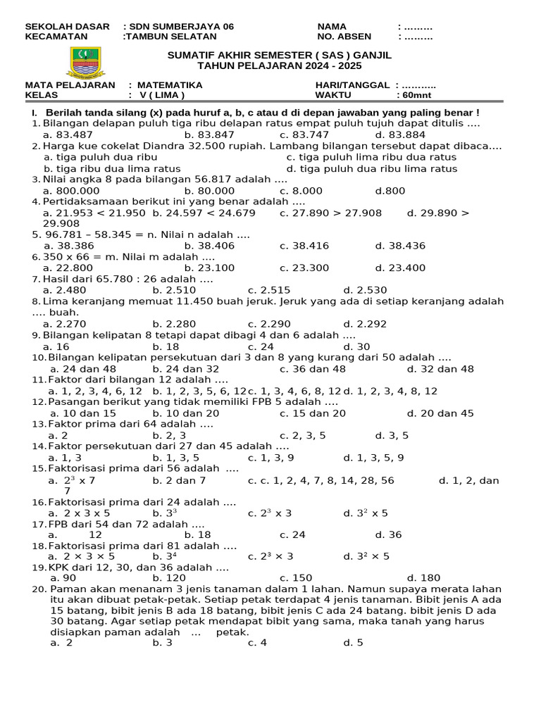 KELAS 5-Soal SAS MTK Kelas V SMTR 1 | PDF