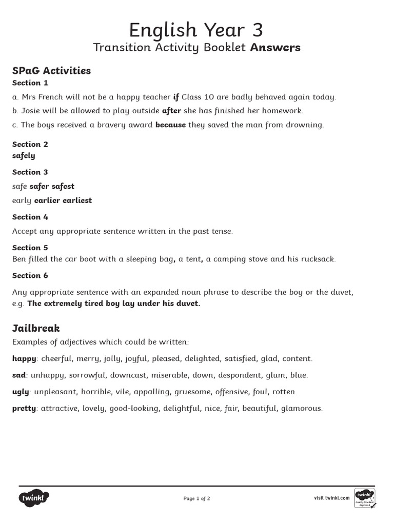 English Year 3 Transition Activity Booklet Answers | PDF | Syntax ...