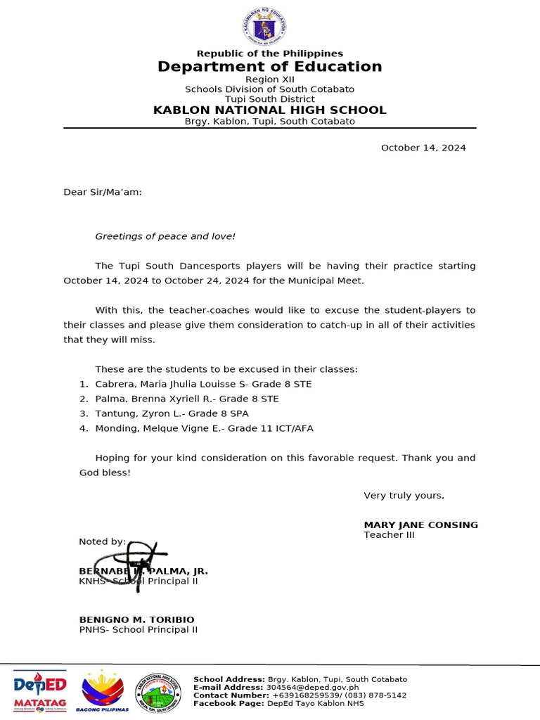 Excuse Letter For Dancesports | PDF