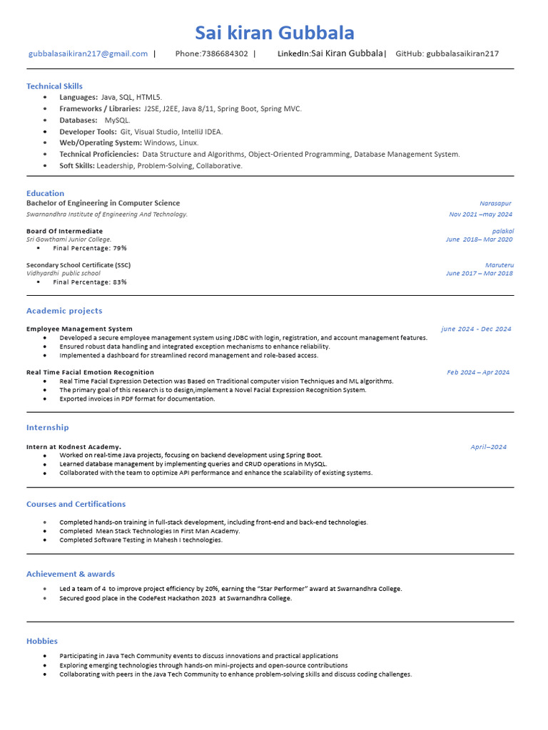 Sai Kiran Resume 2024-1 | PDF | Databases | Java (Programming Language)
