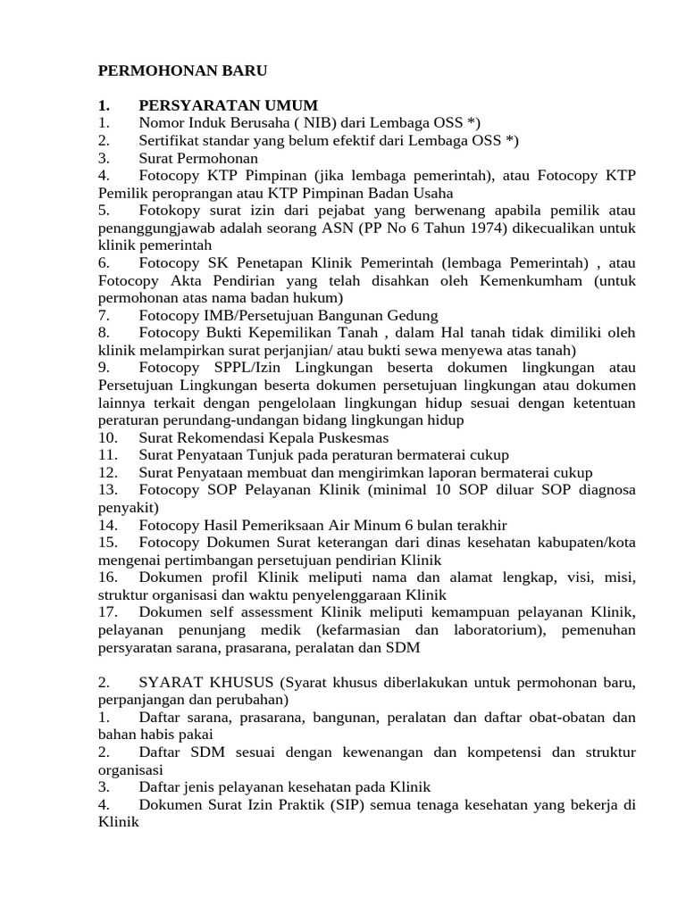 Permohonan Baru Izin Klinik Oss Rba | PDF