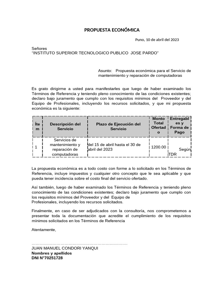 Modelo-carta-propuesta-economica-1 | PDF