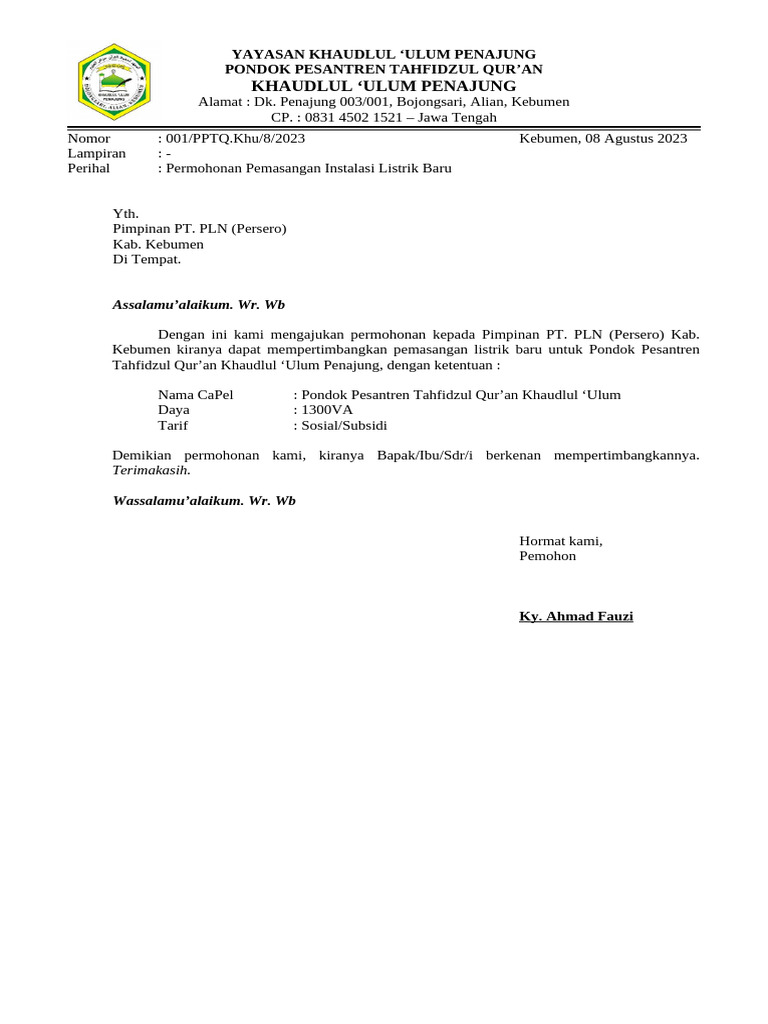 Surat Permohonan Pemasangan Listrik | PDF