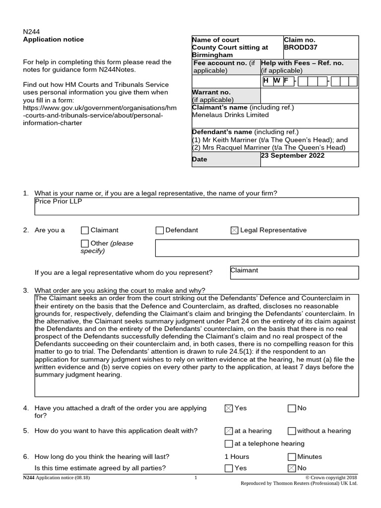 Application Notice, Witness Statement and Draft Order | PDF | Summary ...