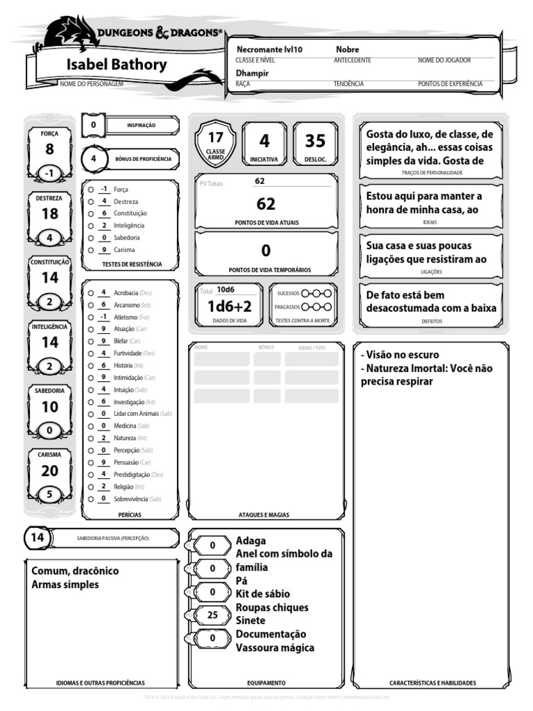 Ficha de Personagem: Necromante Dhampir | PDF