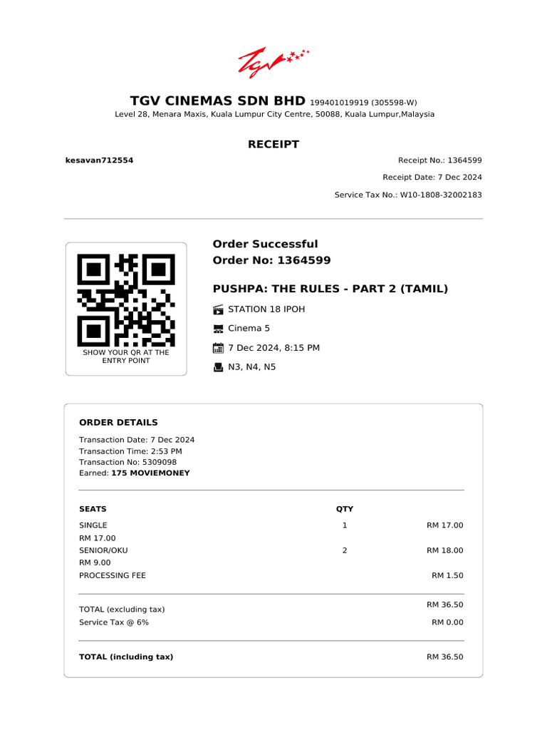Movie Ticket Receipt: Pushpa 2 | PDF