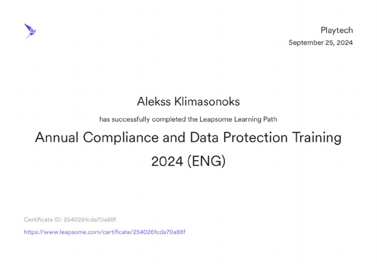Annual Compliance and Data Protection Training 2024 (ENG) Certificate | PDF