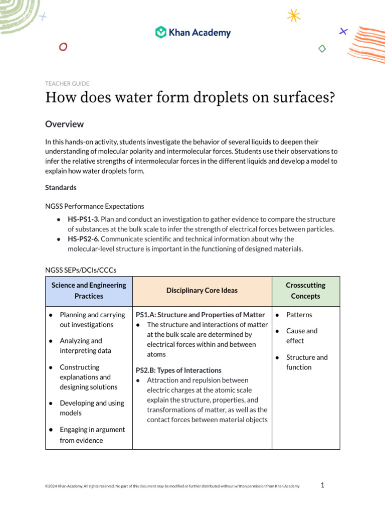 Teacher Guide - How Does Water Form Droplets On Surfaces | PDF ...