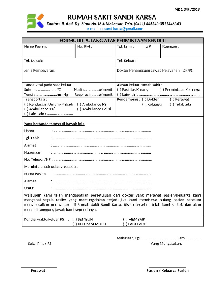 Formulir Pulang RS Sandi Karsa | PDF