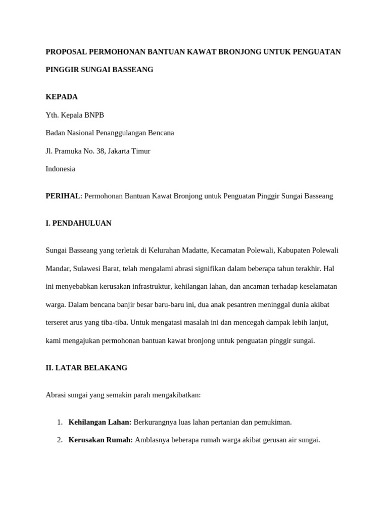 Proposal Permohonan Bantuan Kawat Bronjong Untuk Penguatan Pinggir Sungai Basseang | PDF