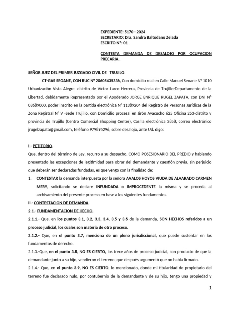 Contestacion DESALOJO | PDF | Demanda judicial | Propiedad