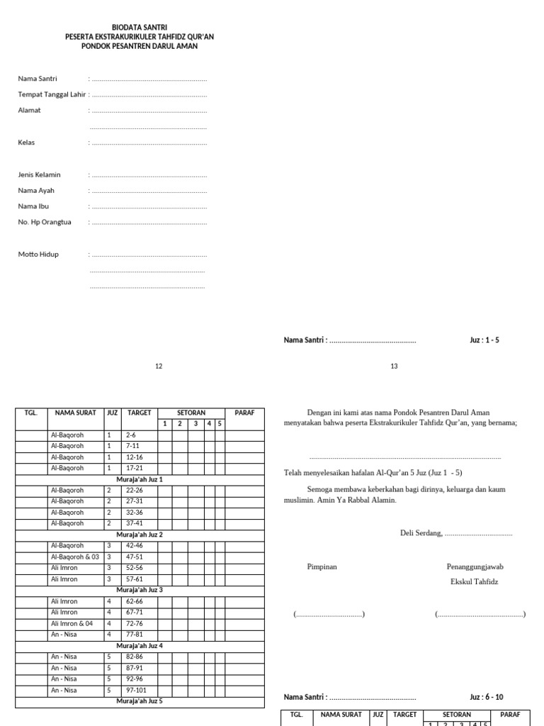 Buku Muraja'ah Santri Tahfidz | PDF