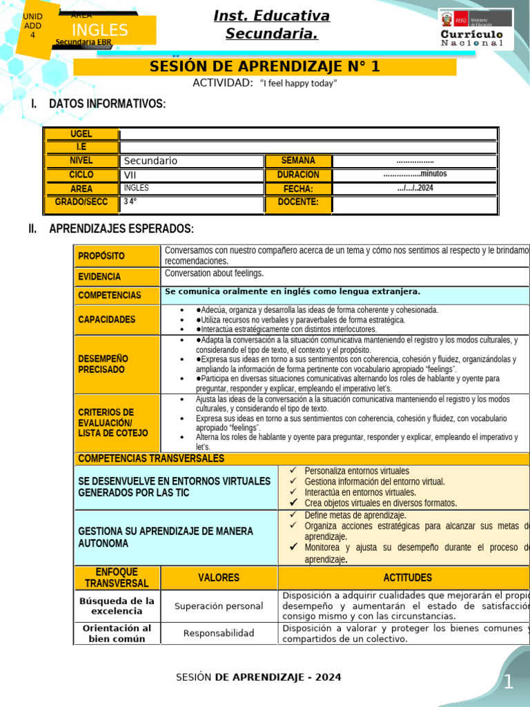 3° 4°-Ses Act 01-Inlgles-U2 | PDF | Aprendizaje | Evaluación