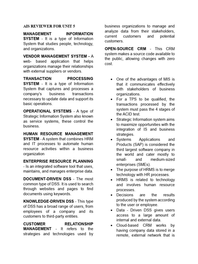 Ais Reviewer For Unit 5 | PDF | Customer Relationship Management | Enterprise Resource Planning