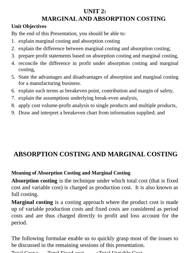UNIT 2 Marginal and Absorption Costing | PDF | Business Economics | Pricing