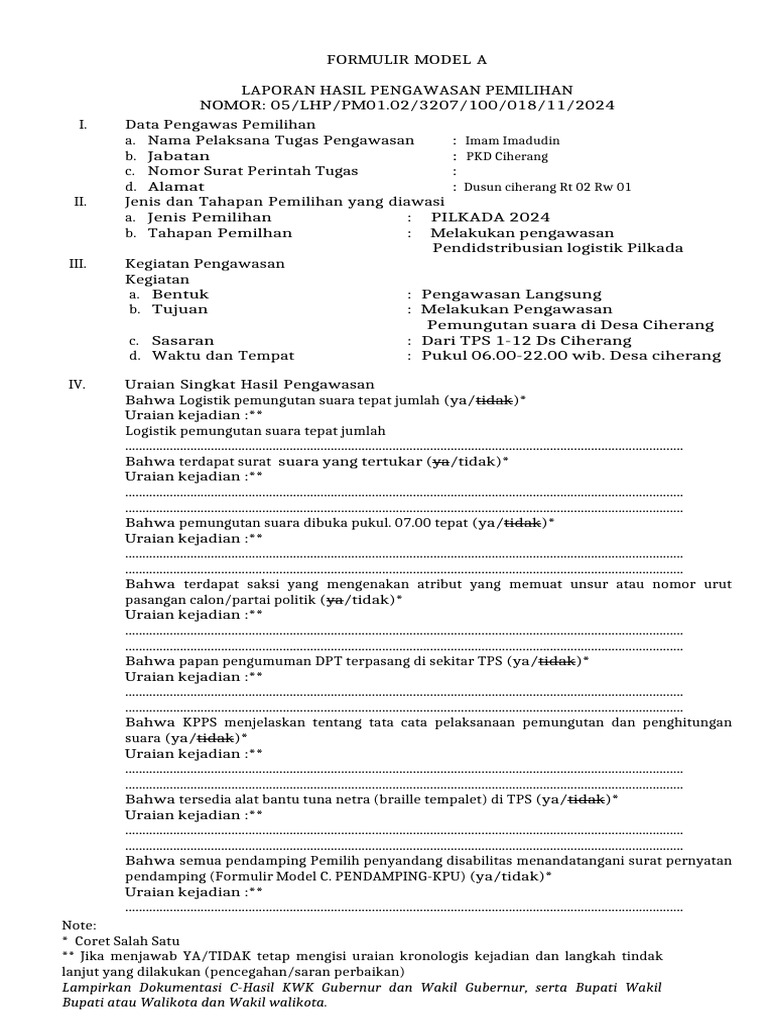 FORM A PKD Pengawasan Pemungutan Dan Penghitungan Suara 27 November 2024 | PDF