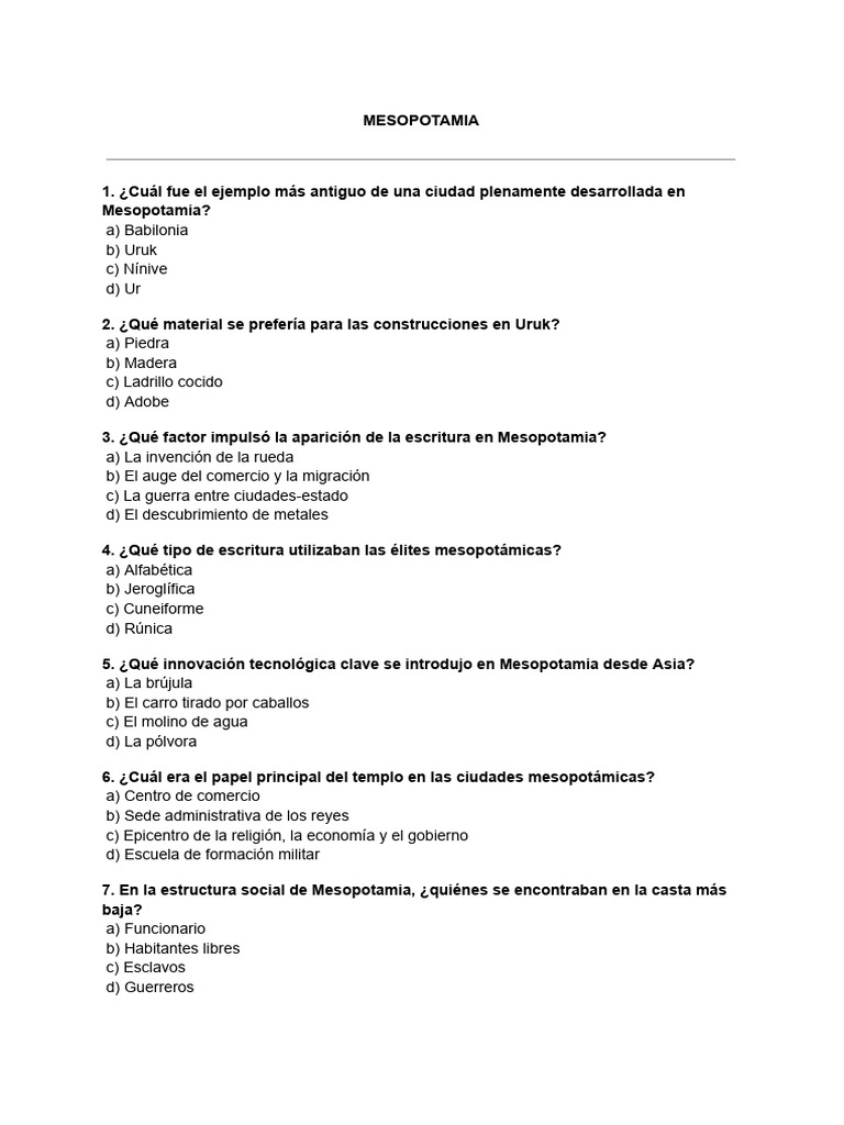 Test Mesopotamia y Egipto | PDF | Antiguo Egipto | Mesopotamia Test Mesopotamia y Egipto | PDF | Antiguo Egipto | Mesopotamia