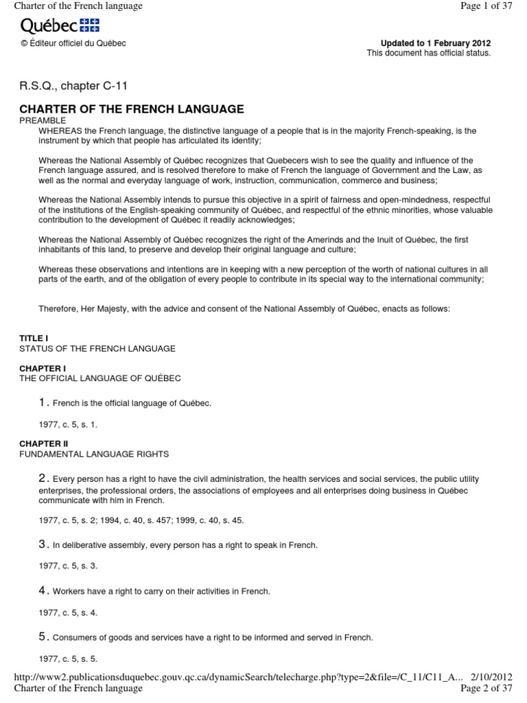 Charter of The French Language (R.S.Q., Chapter C-11) | PDF | Quebec ...
