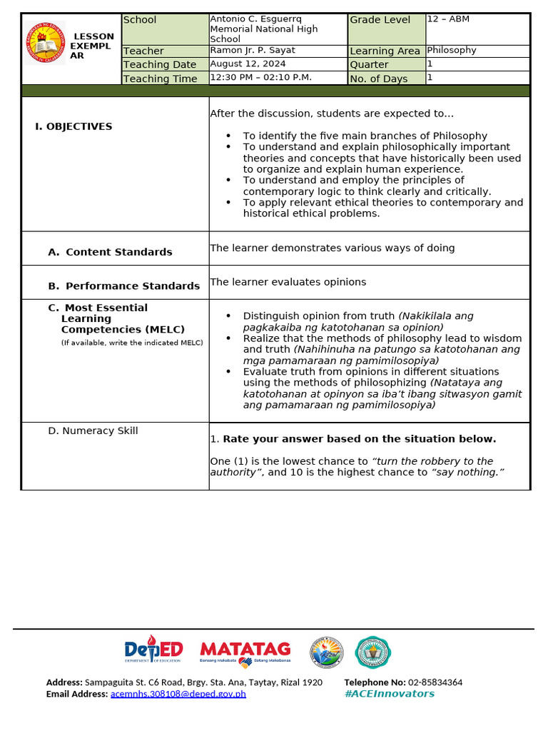 COT PHILO Lesson Plan 8 12 24 | PDF | Metaphysics | Cognition