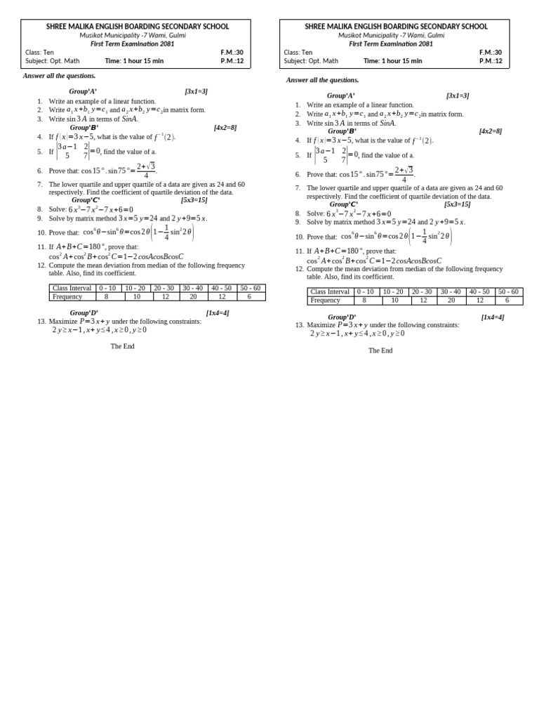 class 10 opt math first term | PDF | Median | Applied Mathematics