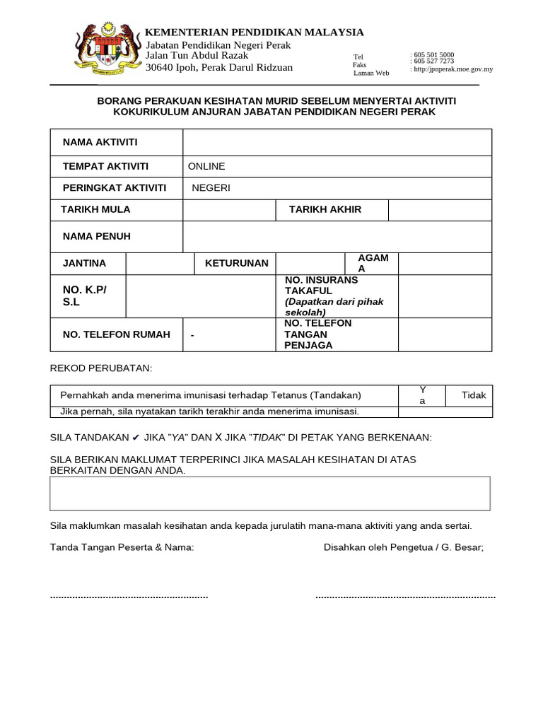 Borang Perakuan Kesihatan JPN Perak 2023 | PDF