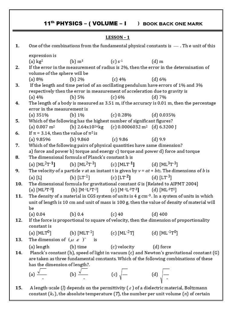11th Physics All Book Back One Marks (EM) | PDF | Gases | Force