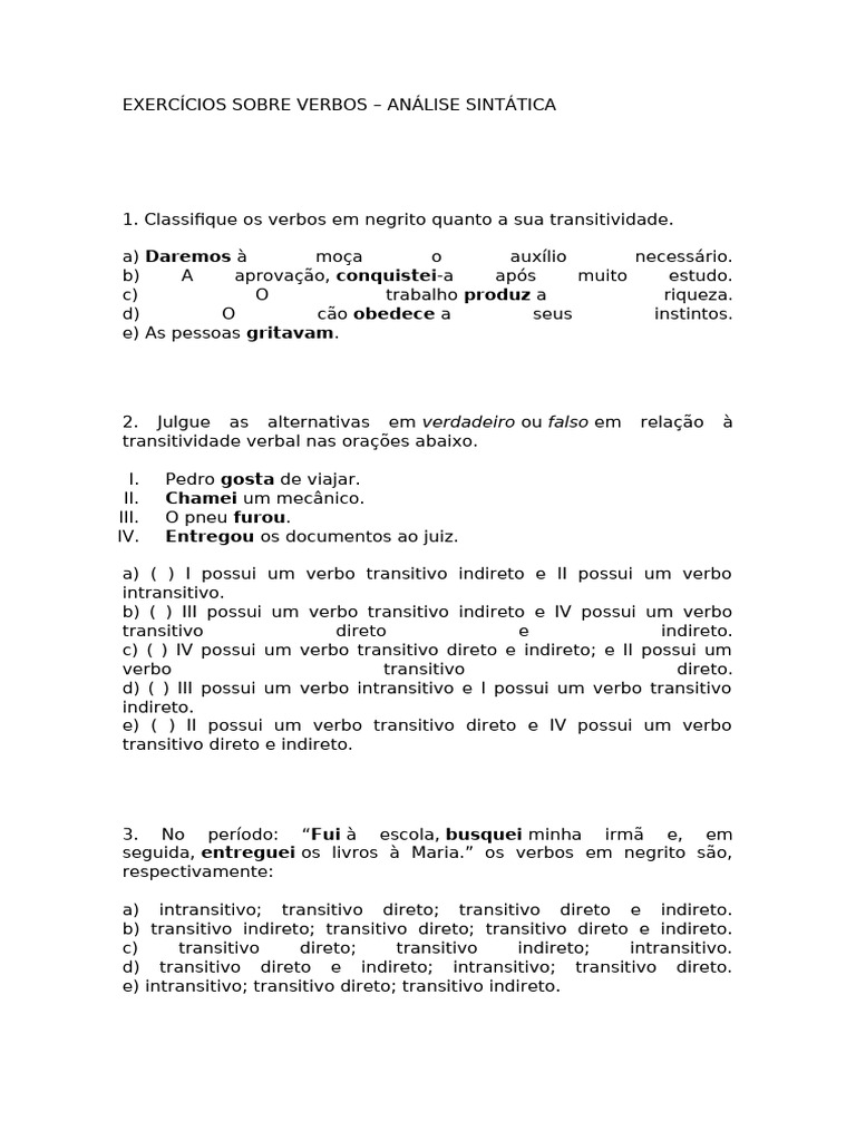 Exercícios Sobre Verbos - Análise Sintática 8º 2020 | PDF | Famílias ...