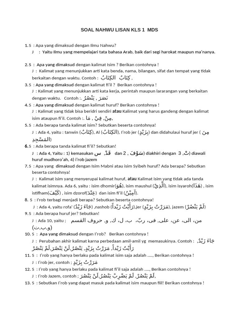 Soal Nahwu Lisan KLS 1 MDS | PDF
