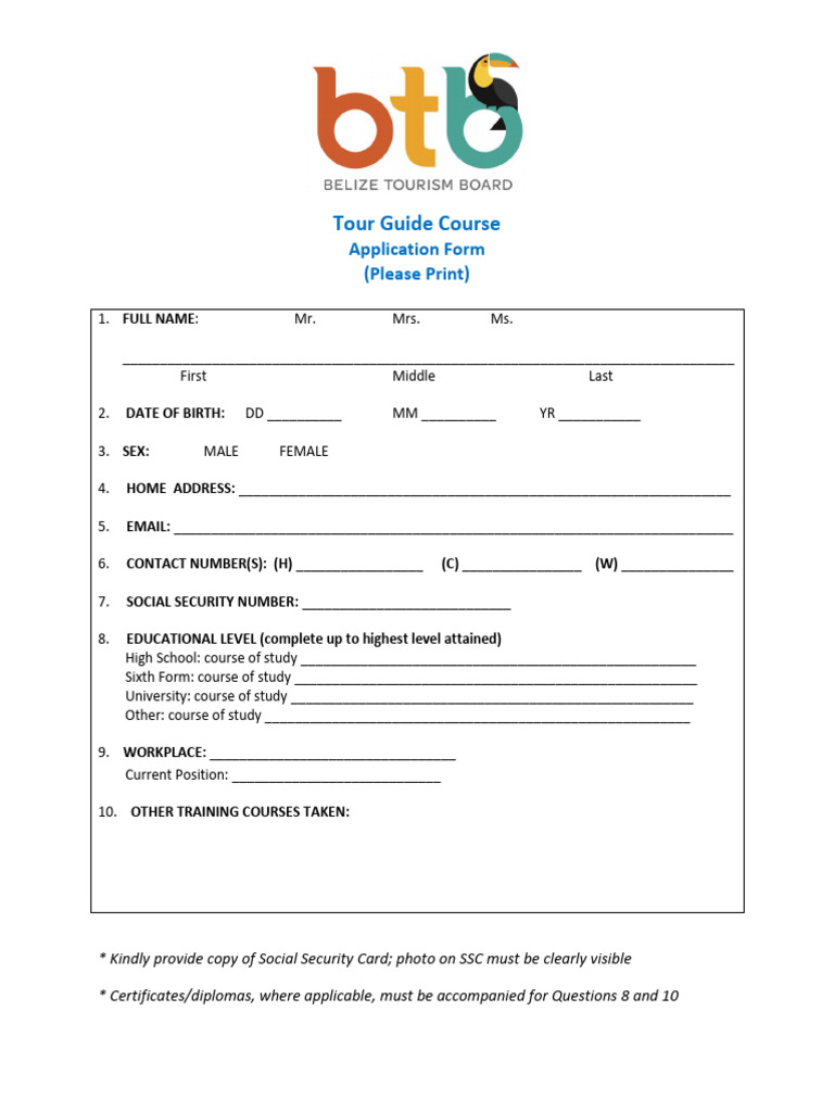 BTB Tour Guide Course Application Form | PDF