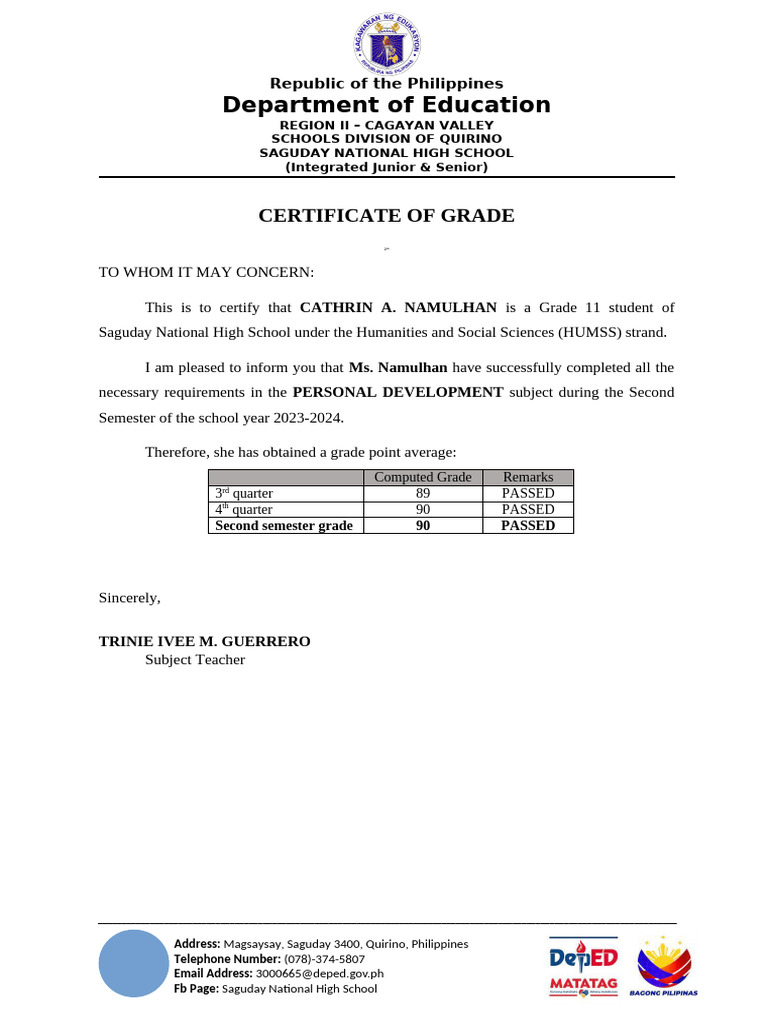Grade 11 Certificate of Completion | PDF