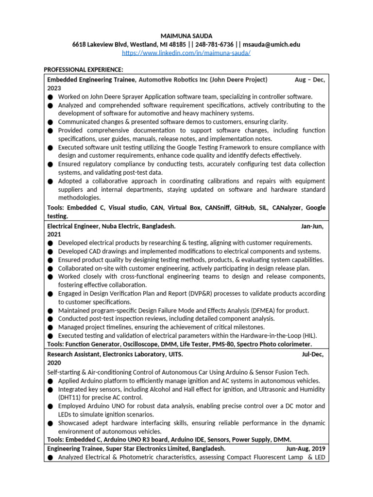 Maimuna_Resume_Li | PDF | Arduino | Specification (Technical Standard)