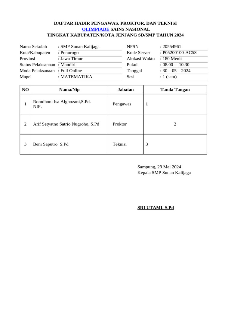 Daftar Hadir Pengawas, Proktor, Dan Teknisi ANBK Tahun 2022 | PDF