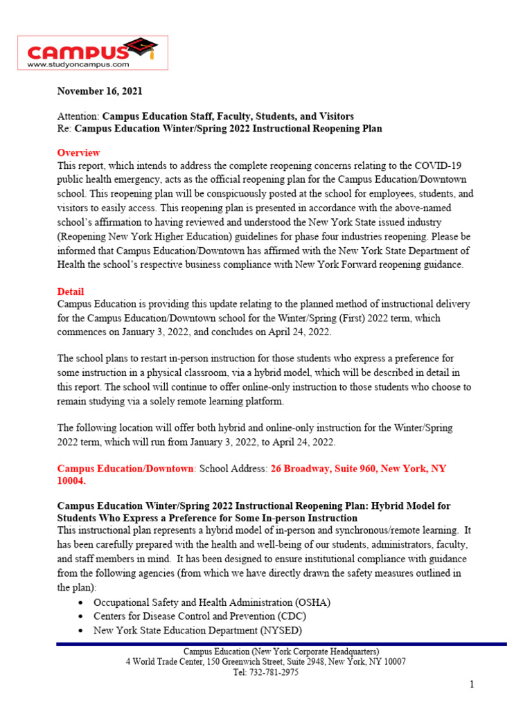 Campus Education Winter/Spring 2022 Reopening Plan | PDF | Distance ...