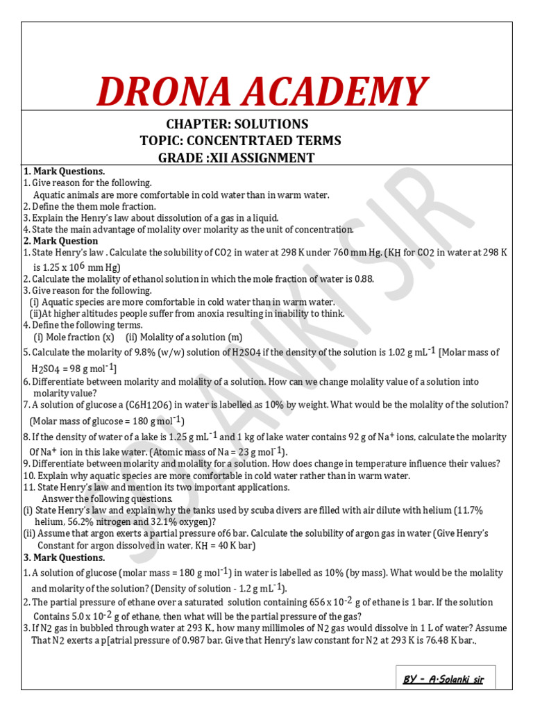 Grade XII Chemistry: Concentrated Terms Solutions | PDF | Physical ...