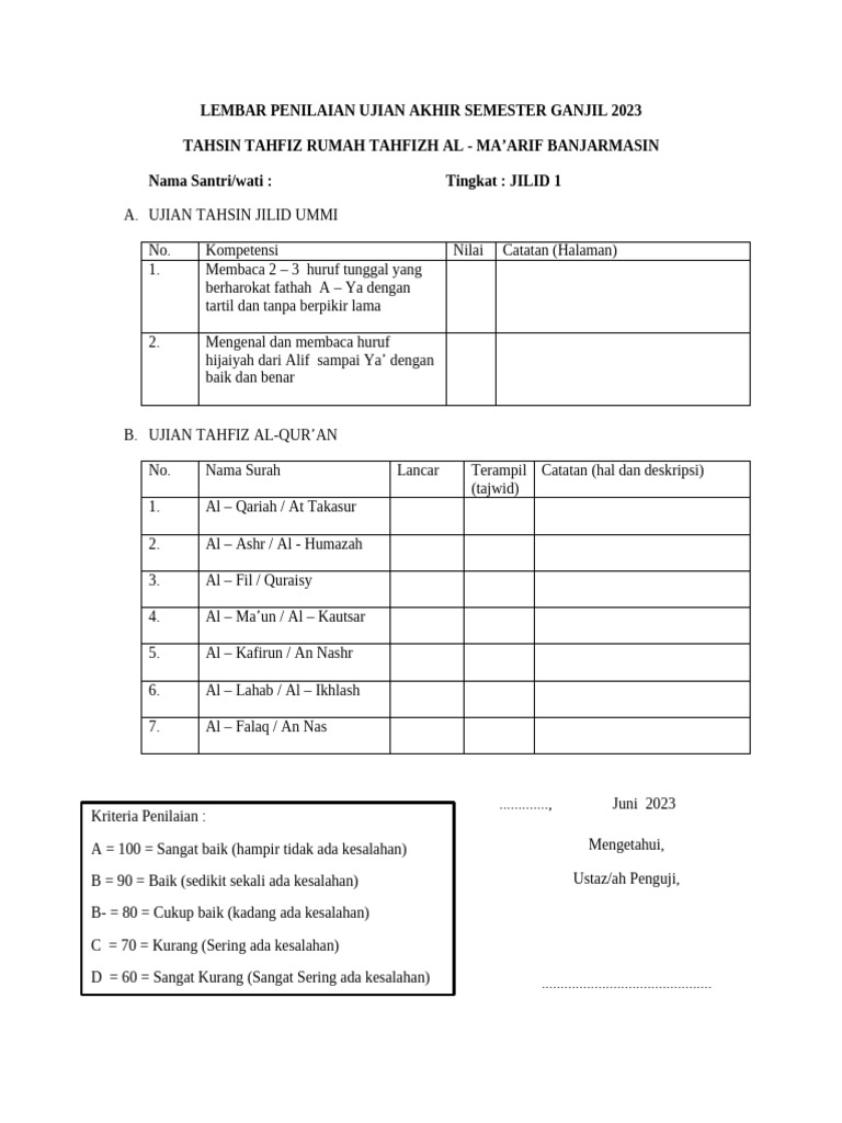 Lembar Penilaian Ujian Akhir Semester Genap Jilid 1 | PDF