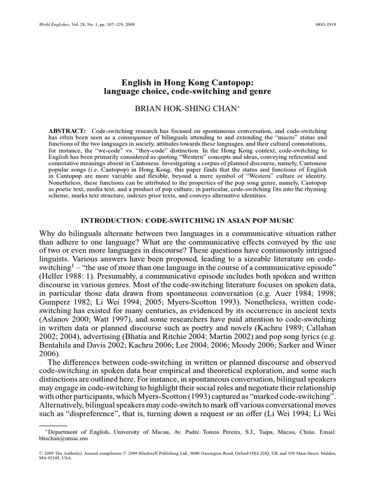 English in Hong Kong Cantopop Language Choice, Code-Switching and Genre ...