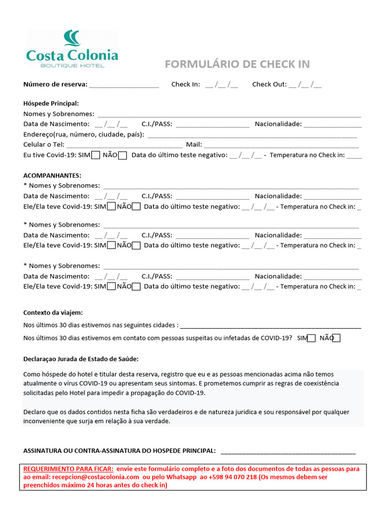 Formulário de Check-in para Hóspedes | PDF