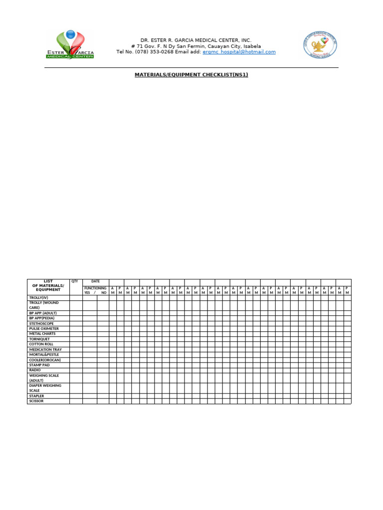 Medical Equipment Checklist for Hospitals | PDF