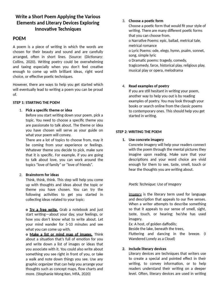 Write A Short Poem Applying The Various Elements and Literary Devices ...