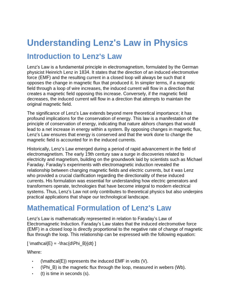 Understanding Lenz's Law in Physics | PDF | Electromagnetic Induction ...